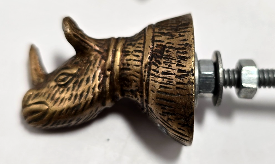 8 Brass Rhino Head Drawer Cabinet Knob Pulls Animal Safari Made In India | eBay