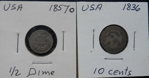UNITED STATES, 1/2 DIME 1857-O AND 10 CENTS 1836, 2 DIFF SILVER COINS ...