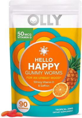 OLLY Hello Happy Gummy Worms, Mood Balance Support, Vitamin D, Saffron ...