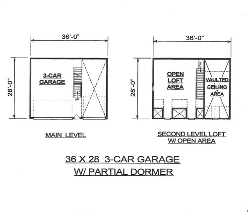 36x28 3 Car Garage Building Plans Dormer Loft & 12x28 Stall with 17 ft+ ...