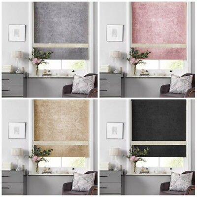 CRUSHED VELVET BLACKOUT DIM OUT DIAMANTE TRIM ROLLER BLINDS, CHILD SAFE ...