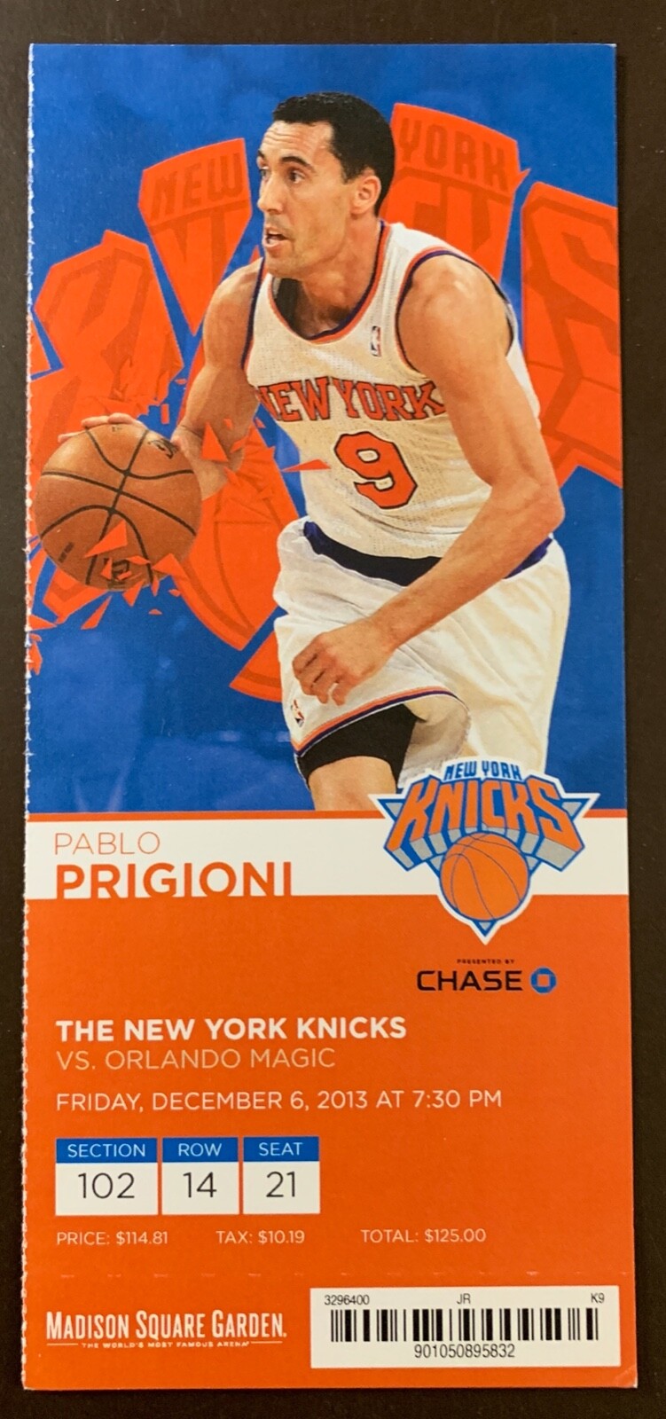 Pablo Prigioni 2013-14 New York Knicks NBA ticket - CHOOSE DATE IN ...