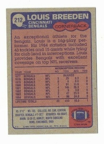 1985 Topps Football #212 Louis Breeden Cincinnati Bengals | eBay