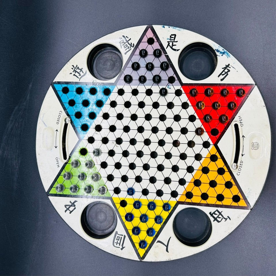 Vtg J. Chein Chinese Checkers 10 Inch Metal Tin w Marbles Twist Close ...