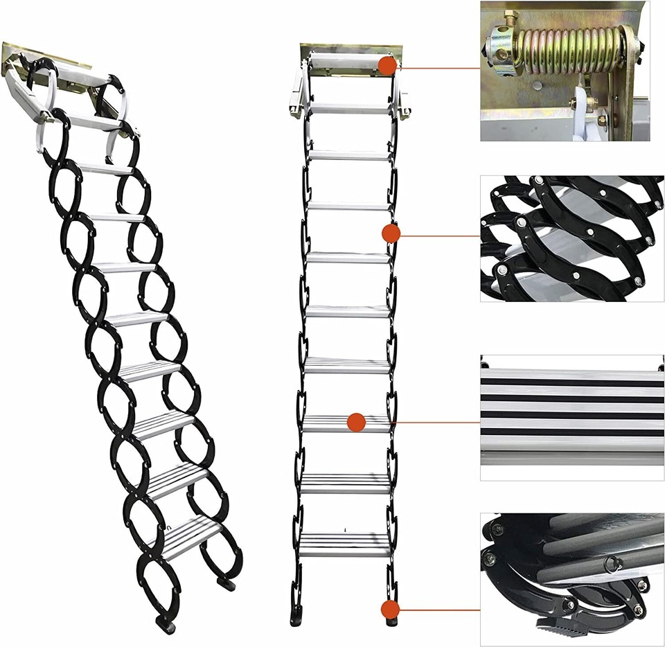 8.2-9.8ft Wall-Mounted Loft Attic Ladder, 21.2x5.5in Beam Folding ...