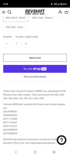 BMW RevShift Polyurathane Transmission Mount E36 E46 E90 | eBay