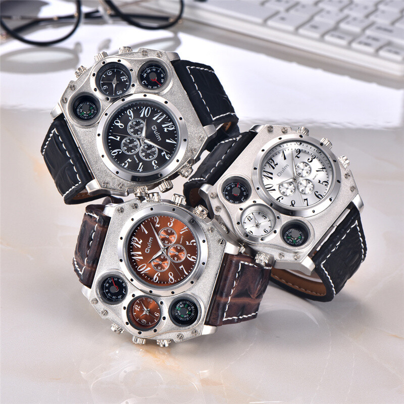 Oulm Mens Big Face Watches Military Dual Time Zone Sport Leather Wrist ...