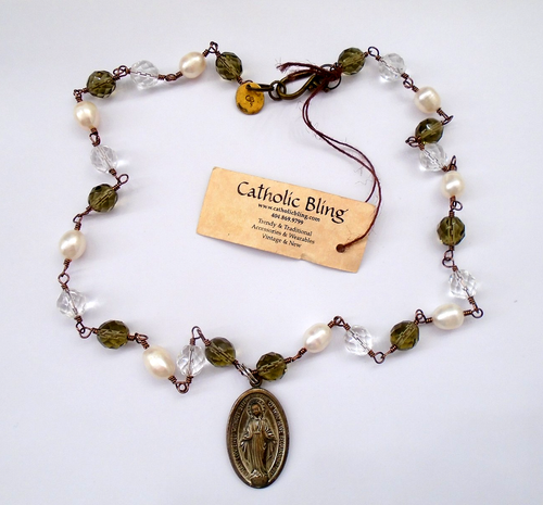 Designer Christian Bling Jewelry Pearls & Crystals Religious Necklace ...
