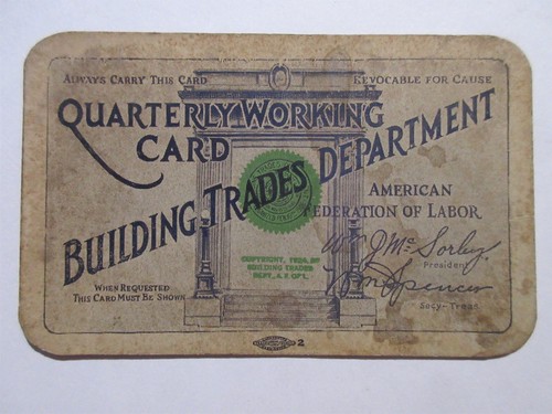 1929 Building Trades Department Quarterly Working Card Passaic NJ June ...