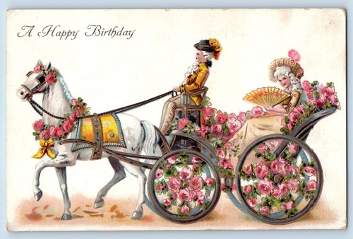 Birthday Postcard Colonial Horse Carriage Flowers Embossed c1910's ...