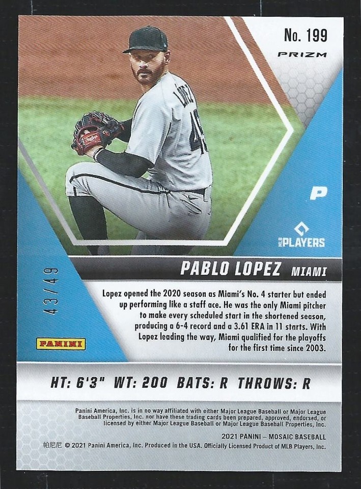 2021 Panini Mosaic - Pablo Lopez #199 Purple Parallel SP 43/49 Marlins ...