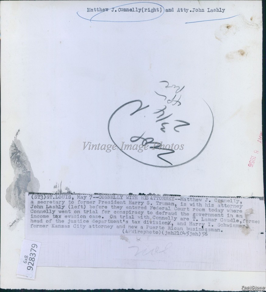 1956 Photo Matthew J Connelly Atty John Lashly At Tax Evasion Trial ...