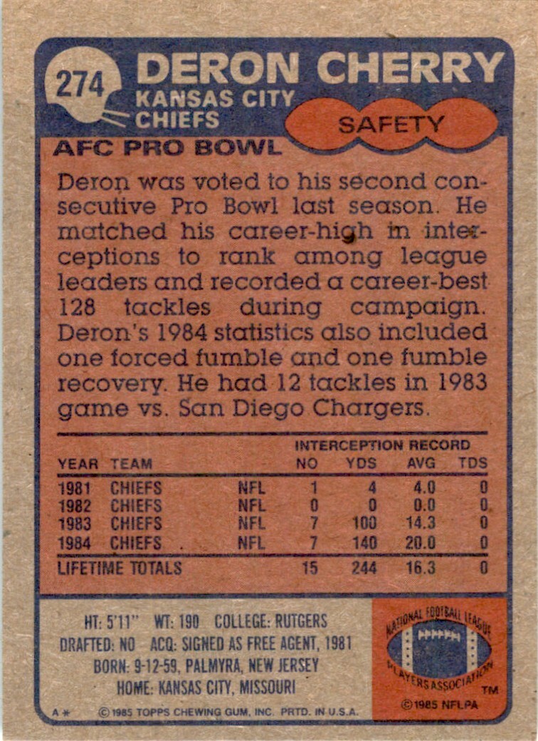1985 TOPPS DERON CHERRY KANSAS CITY CHIEFS #274 | eBay