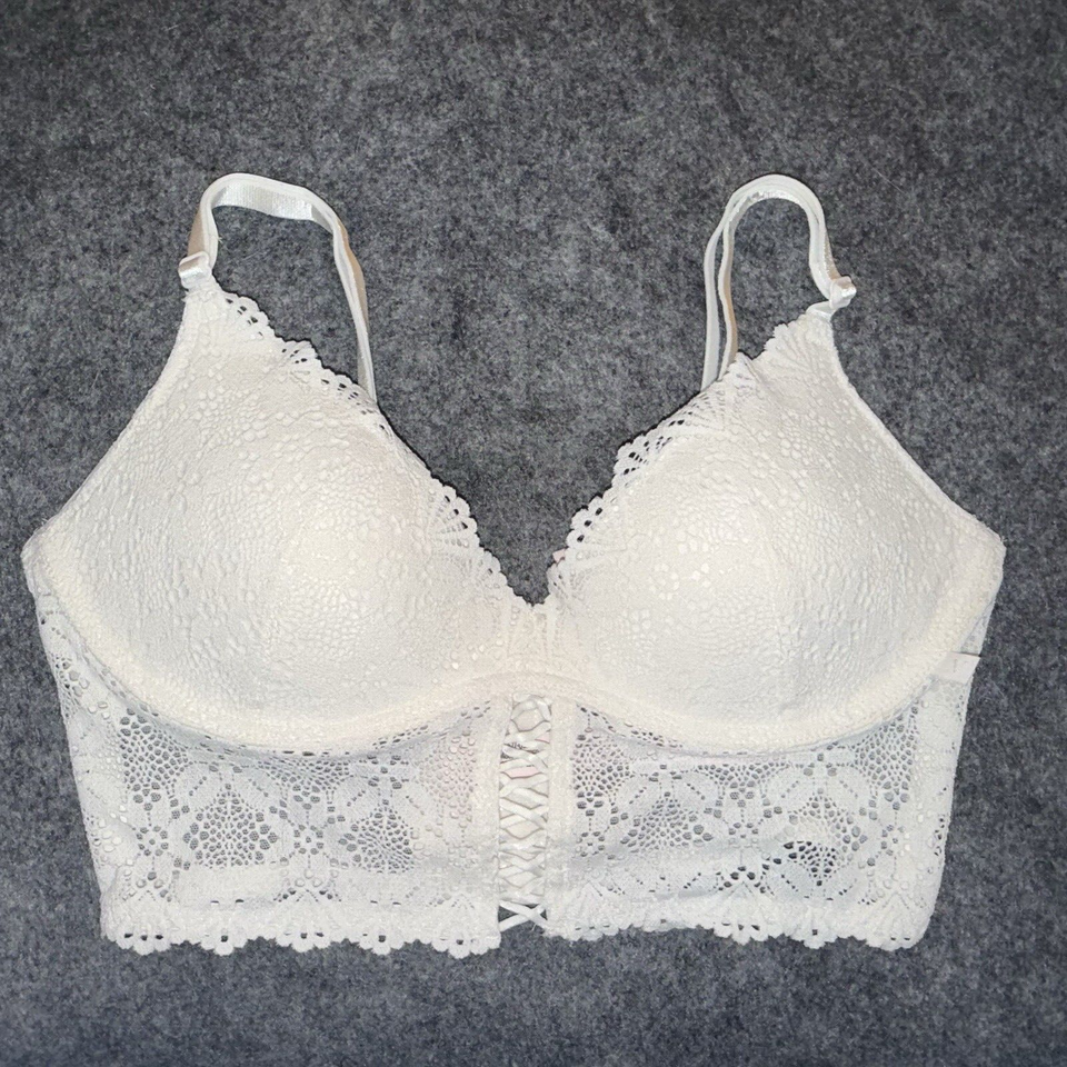 Victoria's Secret Bra 32B Beige Bralette Padded No Wire Lace Longline ...