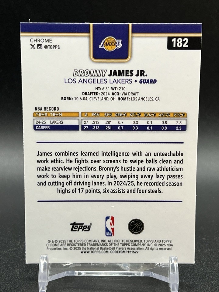 2025 Topps Chrome Bronny James Jr. # 182 Ray Wave Refractor | eBay