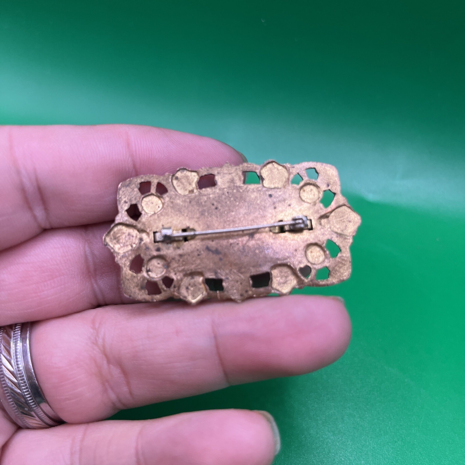 Vintage 1930's Oval Green Celluloid Floral Brass Tone… - Gem