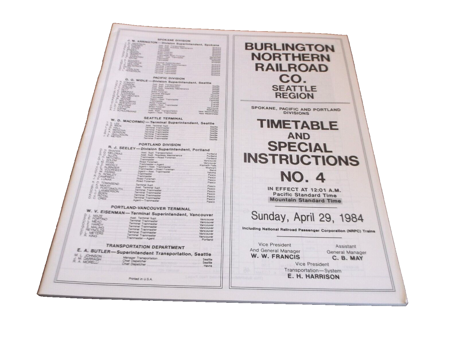 APRIL 1984 BURLINGTON NORTHERN SEATTLE REGION EMPLOYEE TIMETABLE #4 | eBay