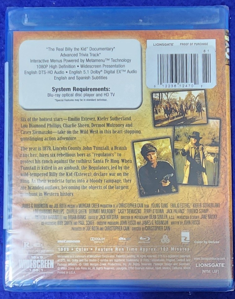 Young Guns Blu Ray - Kiefer Sutherland, Lou Diamond Phillips | eBay