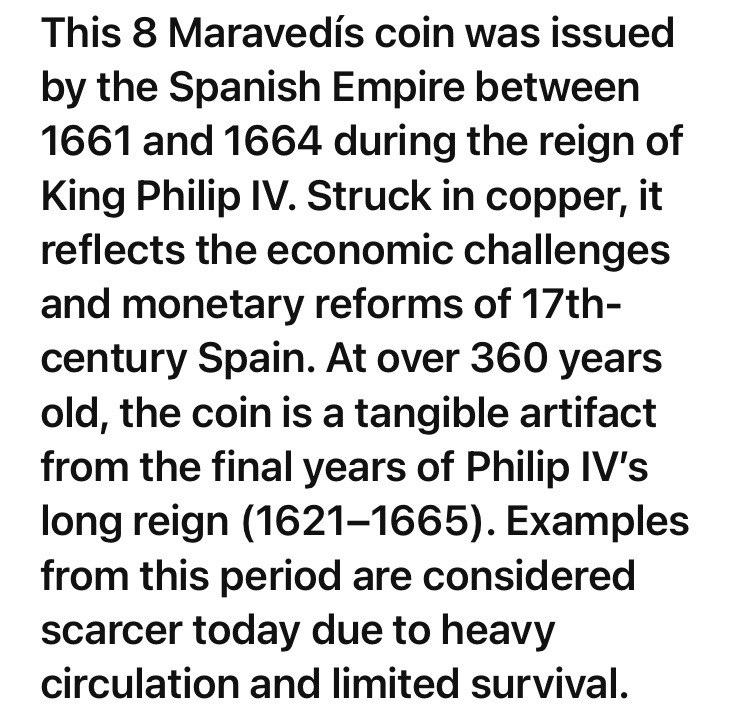 1661 Coin Spanish Empire 8 Maravedis King Philip IV 360 Years Old ...
