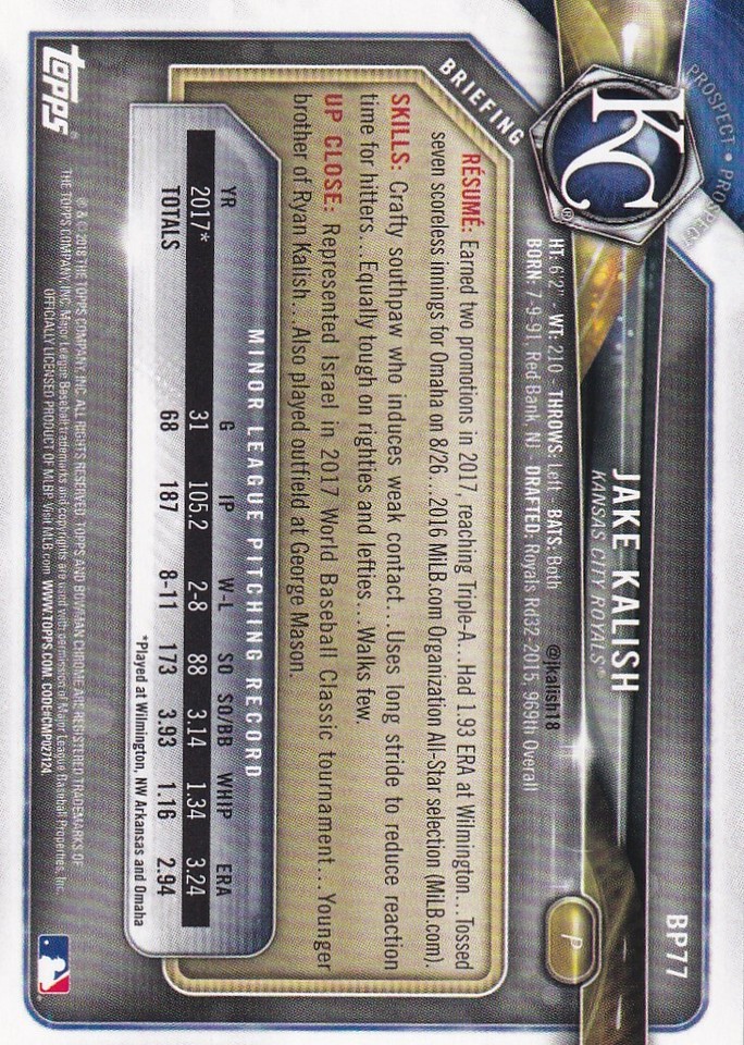 2018 BOWMAN 1ST CARD CAMO PARALLELS RC JAKE KALISH KANSAS CITY ROYALS ...