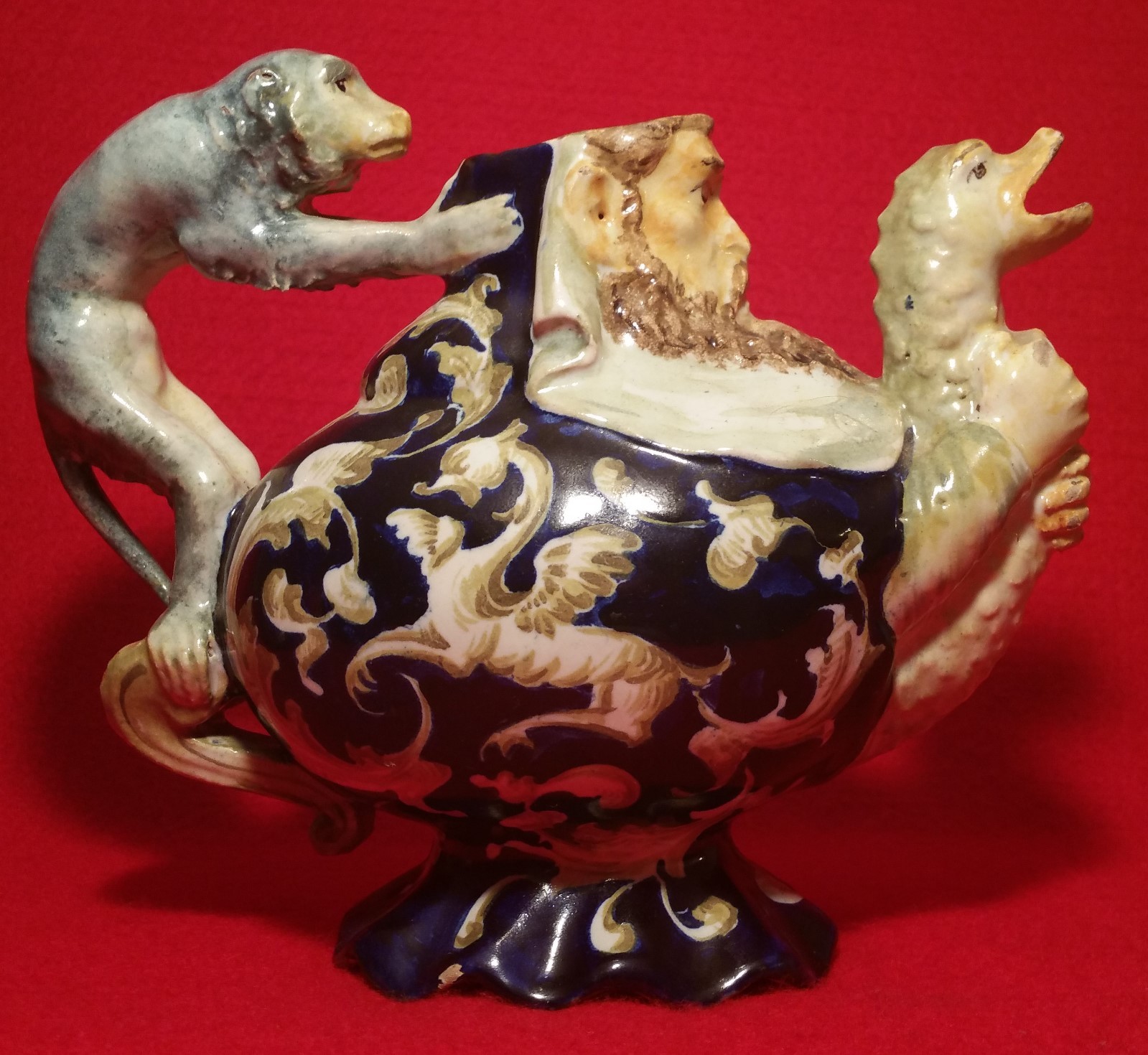 GROTESQUE ostrich teapot antique french faience gien majolica monkey ...