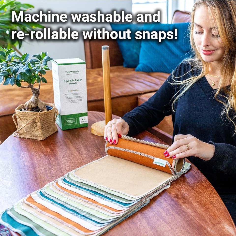 24 Reusable Paper Towels Washable Roll - 100% Cotton Absorbent Dish ...