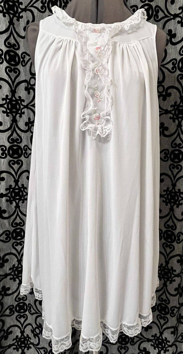 Shadowline White Negligee Nylon Sissy Nightgown Lace … - Gem