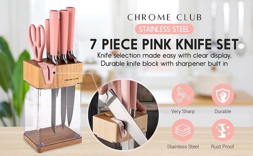 Chrome Club Stainless Steel Pink Knife Set With Clear Knife Block and ...