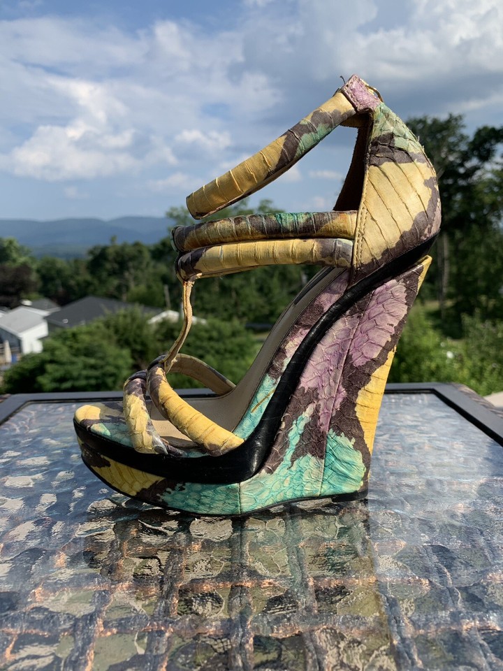 $395 Rachel Zoe Python Snake Skin Katia T Strap Rainbow Platform Wedges ...