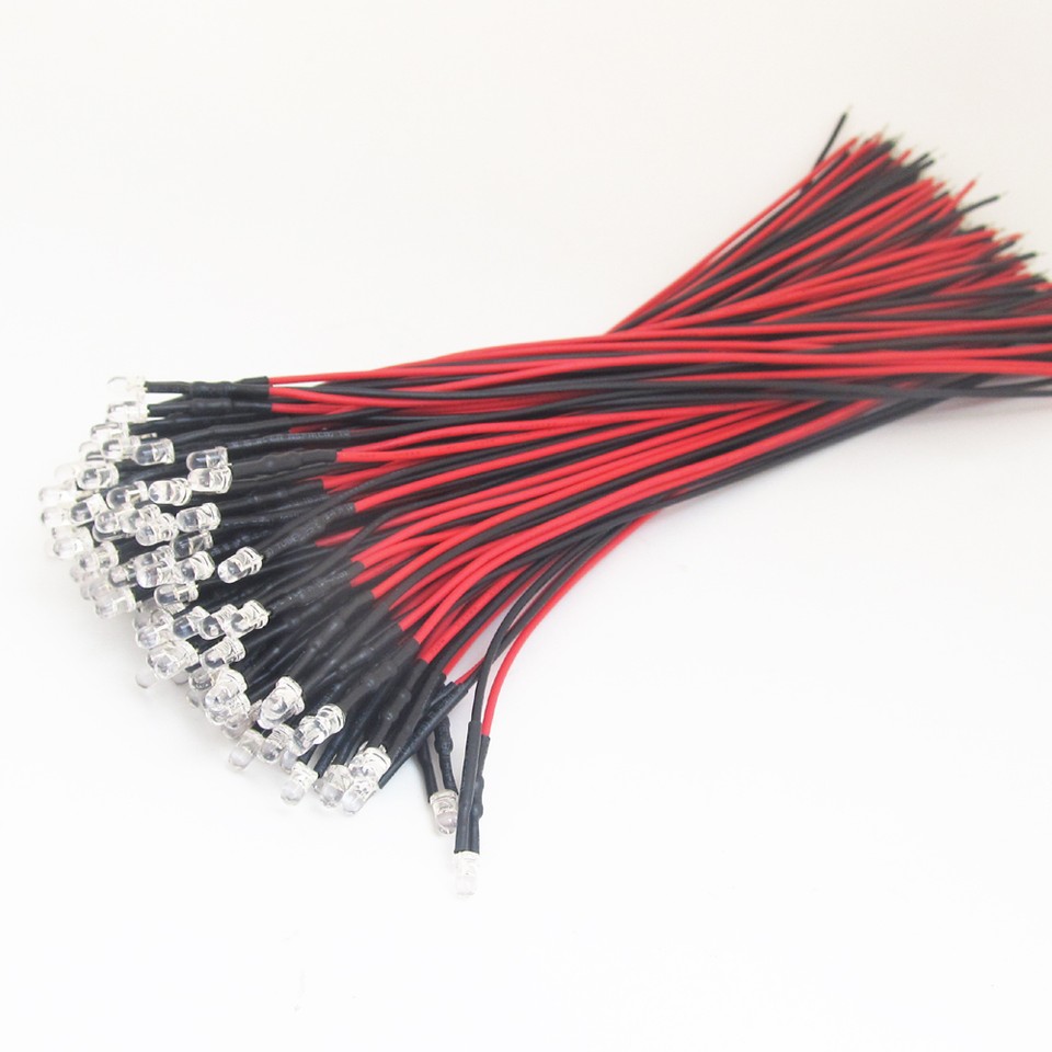 10pcs Transparent 3mm LED in Red/Yellow/Blue/Green Light w/10cm Wire w ...