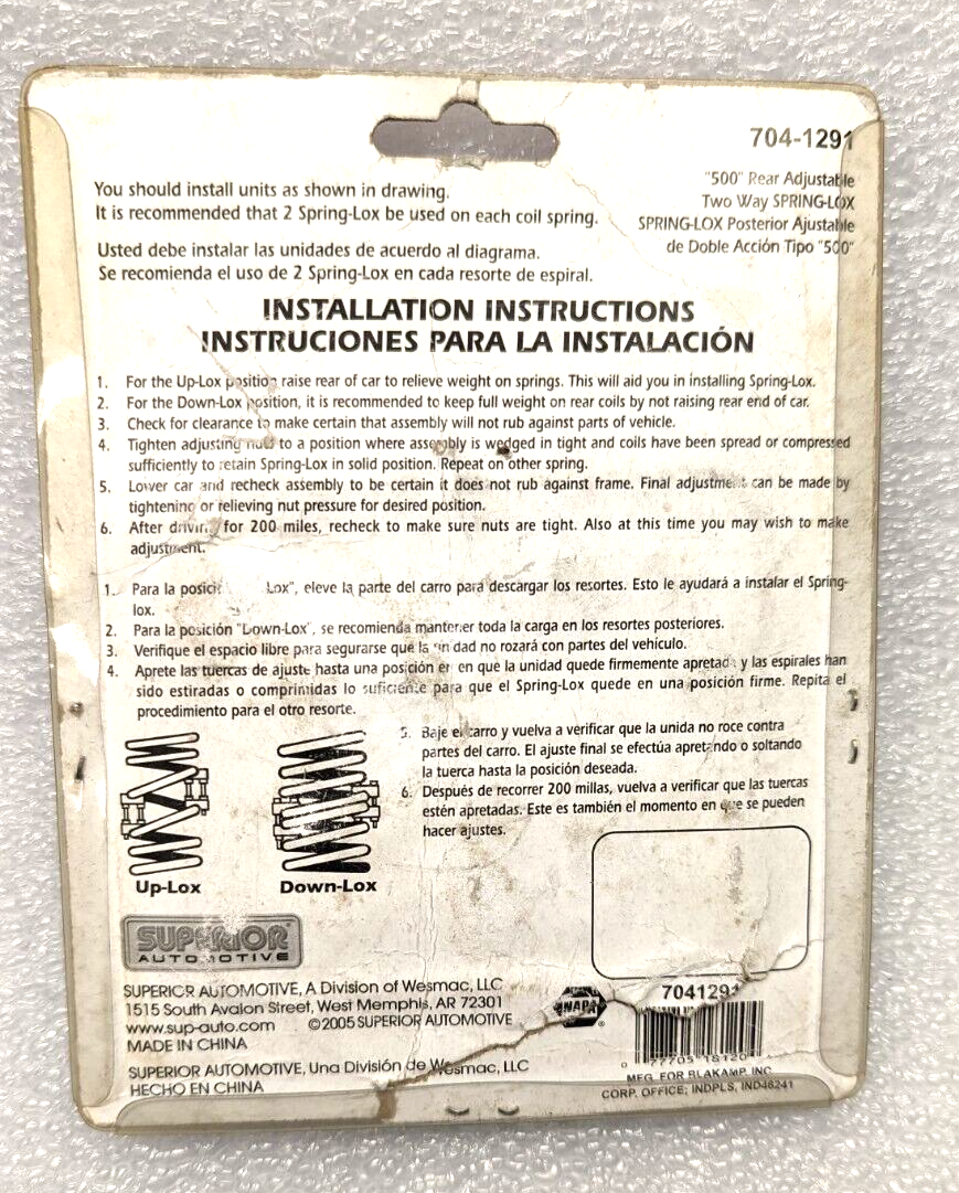 Superior Automotive 500 Two Way Spring-Lox Rear Adjustable 704-1291 NOS ...