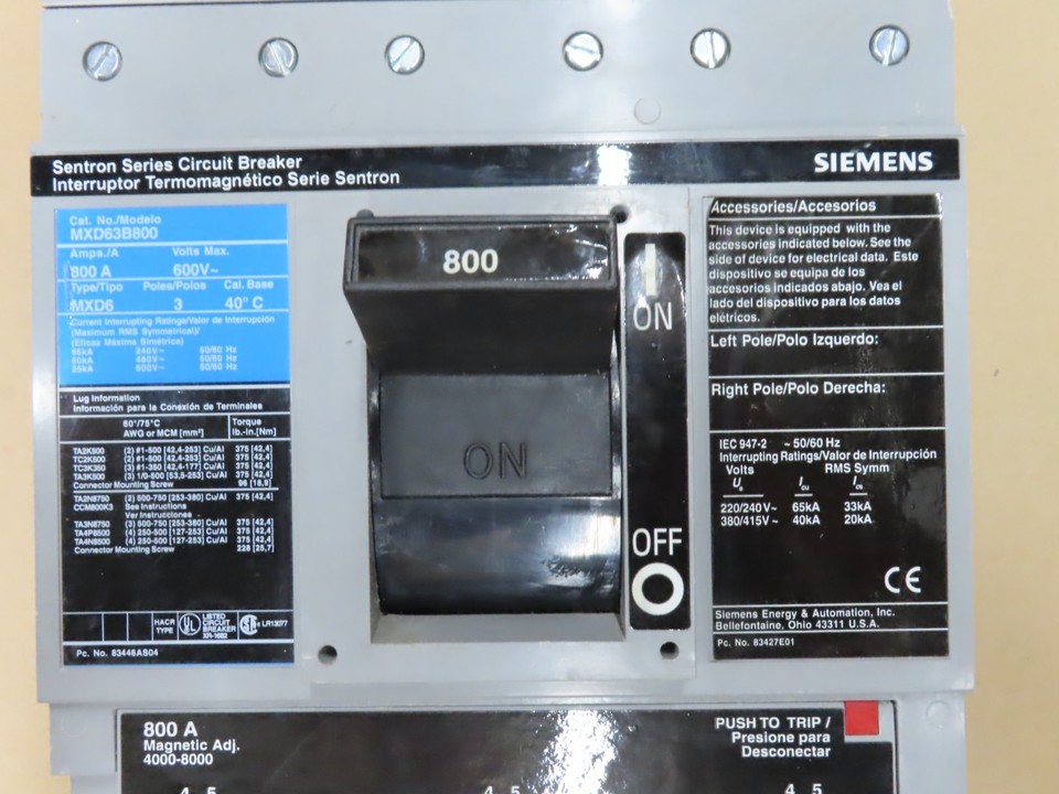 Siemens MXD63B800 Circuit Breaker 800 Amp 600 Volt 3 Pole -TEST REPORT ...
