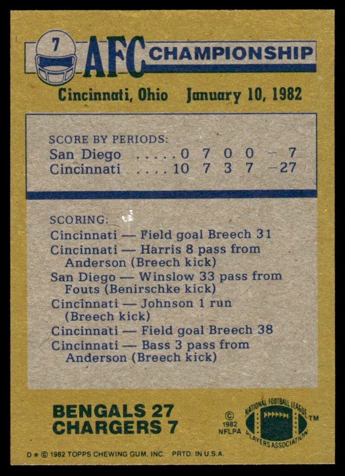 1982 Topps AFC Championship Cincinnati Bengals/San Diego Chargers #7 | eBay