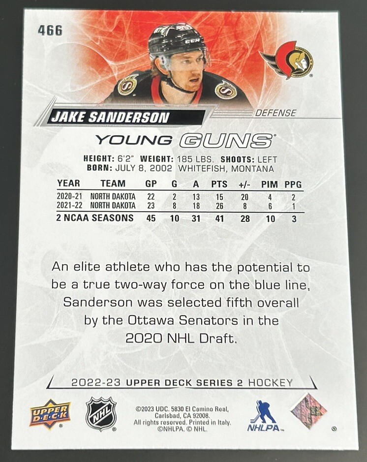 2022-23 Upper Deck Series 2 Young Guns Rookie RC Jake Sanderson #466 | eBay