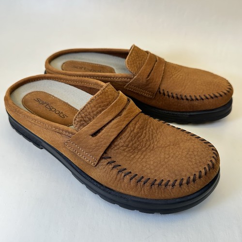 Women’s Leather Comfort Slides Loafers Shoes Softspots Brown Suede Sz ...
