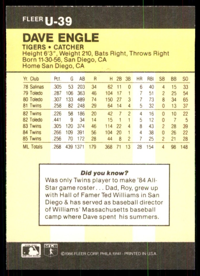 1986 Fleer Update Dave Engle Baseball Cards #U-39 | eBay