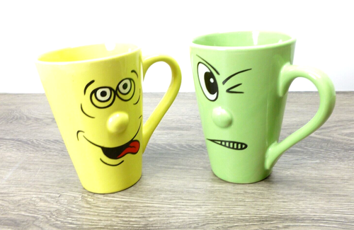 Funny Face Coffee Mugs 3D Nose Silly Expressions Yellow Green Vintage ...