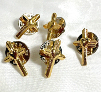 Lot of 5 Gold Color Metal Heart Cross Christian Collar Brooch Lapel Tie ...