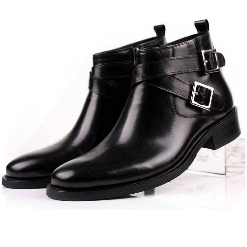 Men's Ankle Boots Buckle Strap Side Zip Genuine Leather Formal Shoes ...