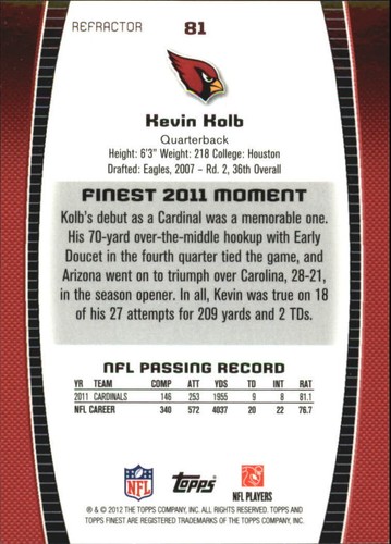 2012 Finest Blue Refractors Arizona Cardinals Football Card #81 Kevin ...