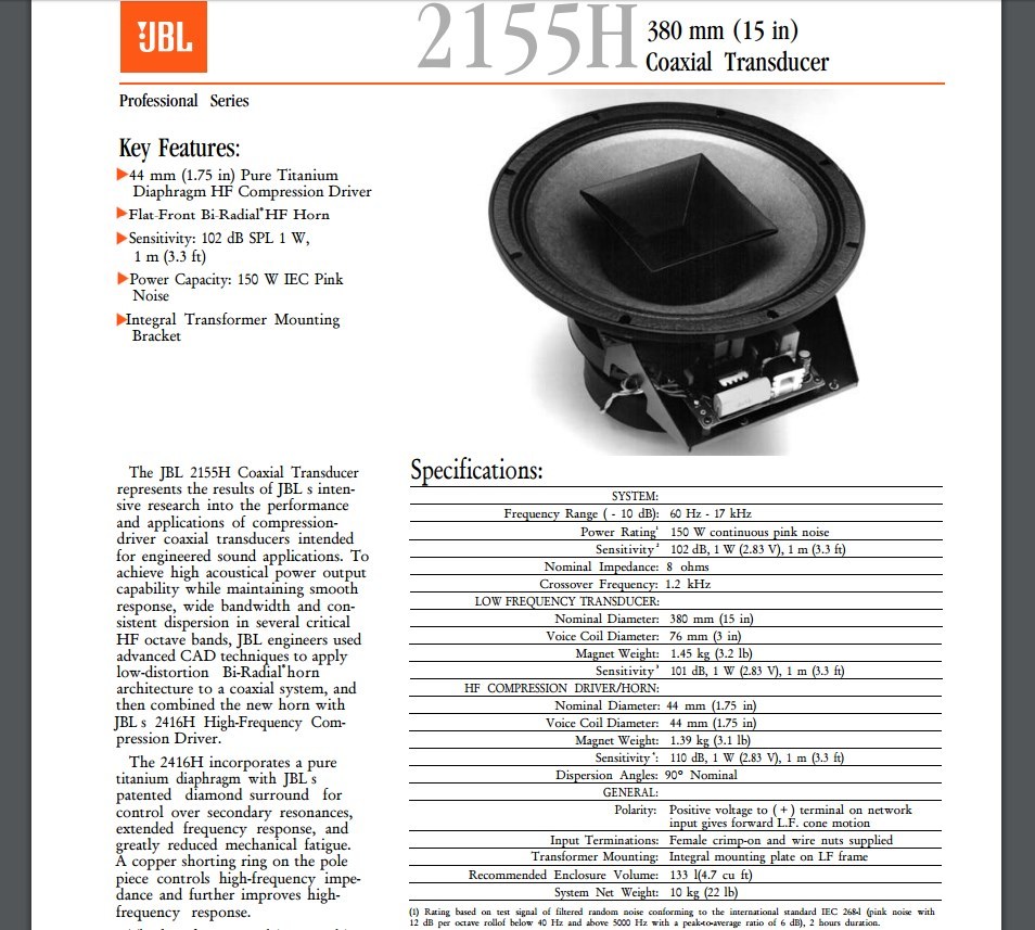 JBL 2155H Coaxial Transducer Two-Way Speaker Crossover Network 1.5KHz ...