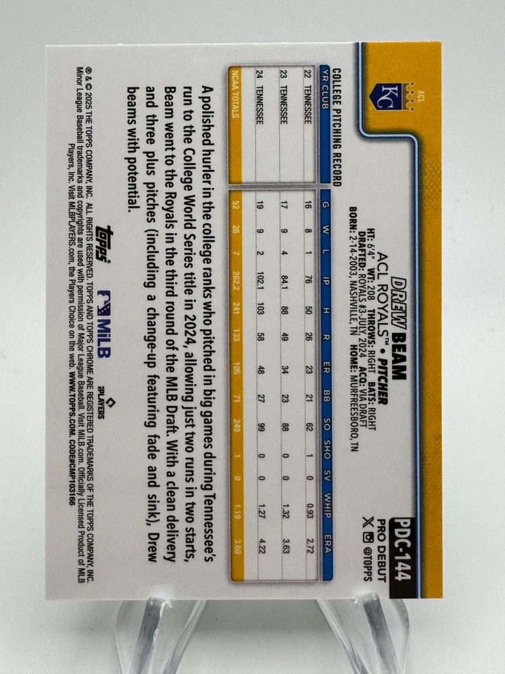 2025 Topps Pro Debut DREW BEAM Aqua Refractor /75 #PDC144 | eBay