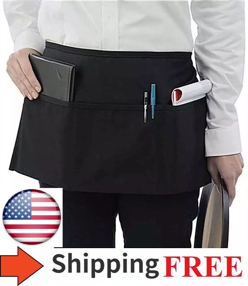 Half Bib Waist Apron Kitchen Heavy Duty 3 Pockets Waitress Waiter ...