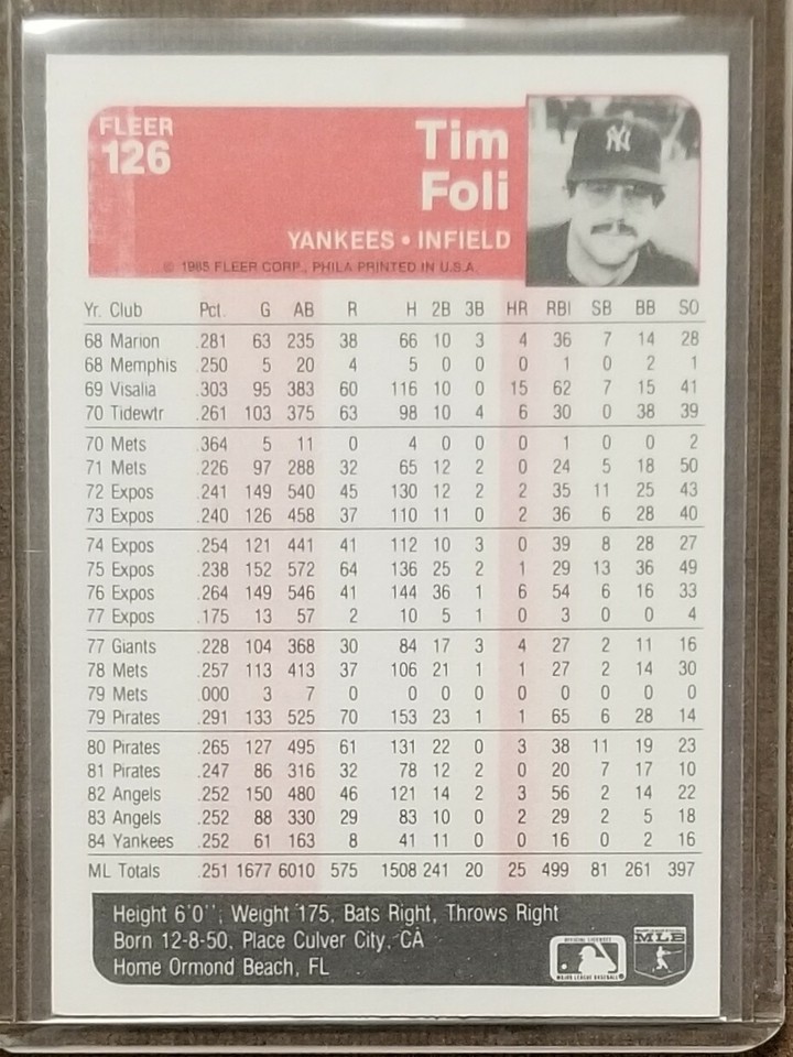 Autograph....1985 Fleer #126 Tim Foli New York Yankees Baseball Card | eBay