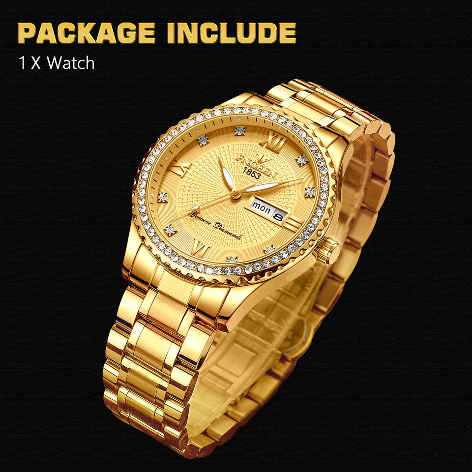 Waterproof Gold Men's Watch Classic Stainless Steel Quartz Analog ...