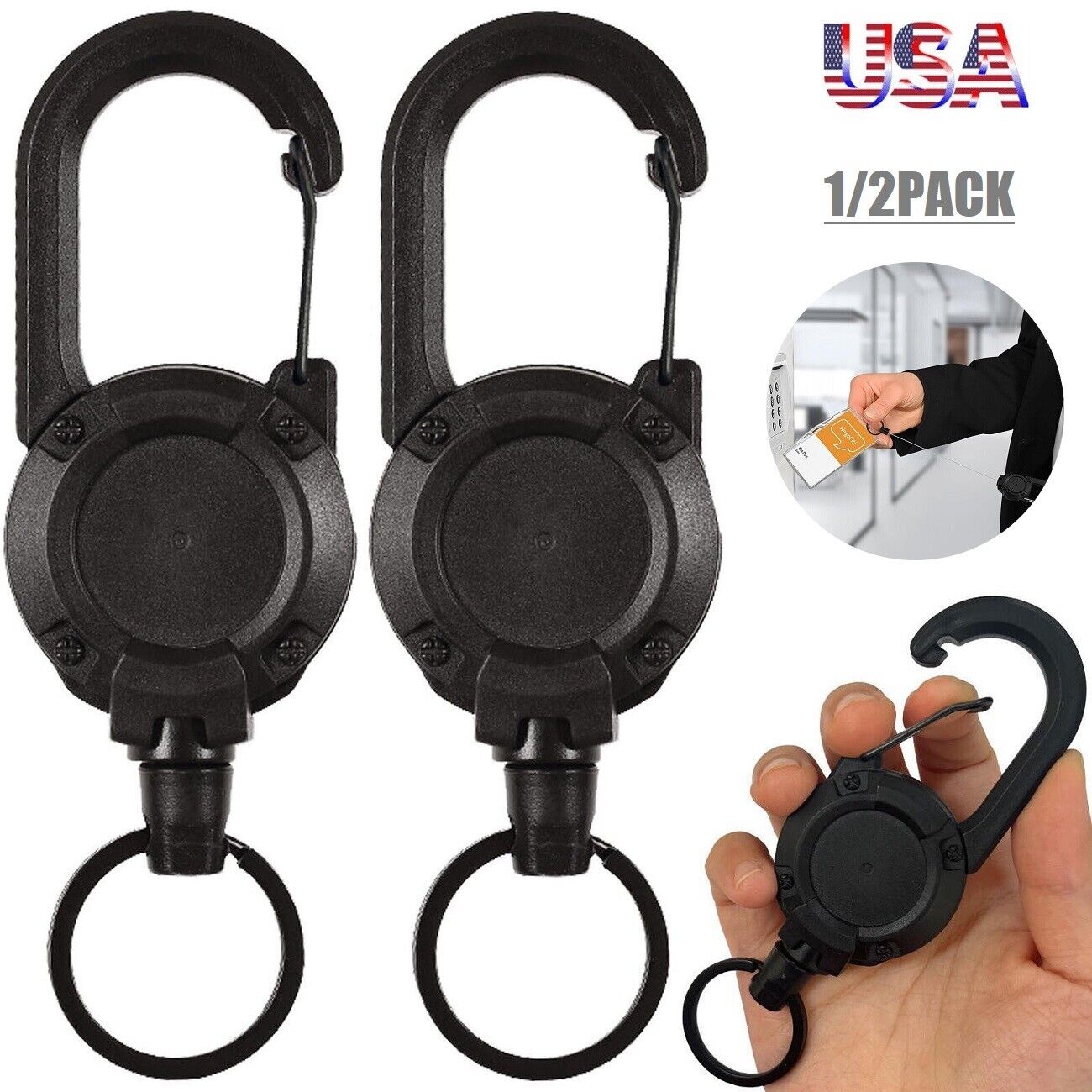 2Pcs Retractable Tactical Key Chain Reel Holder Heavy Duty Cord ...