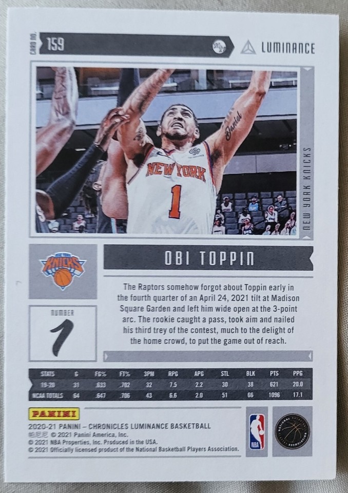 OBI TOPPIN 2020-21 Panini Chronicles Luminance RC #159 Indiana Pacers ...