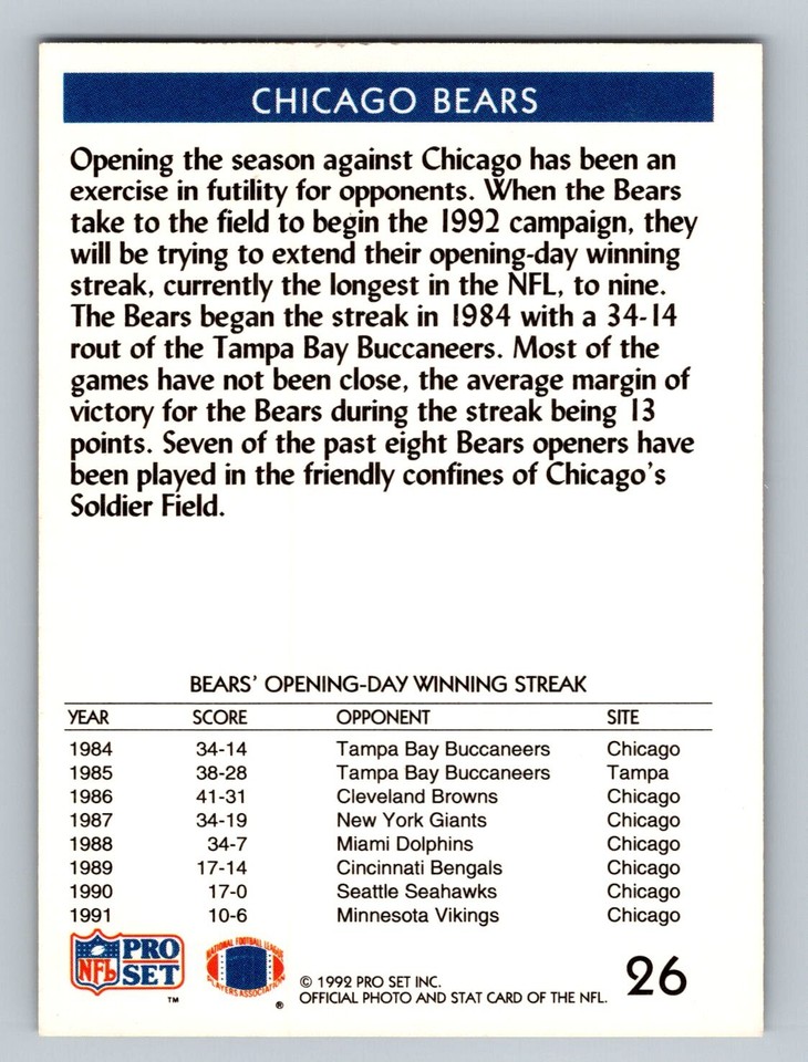 1992 Pro Set #26 Chicago Bears MS Chicago Bears | eBay