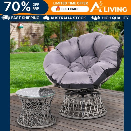 Outdoor Papasan Chair Set Wicker Lounge 360 Rotatable UV Resistant Grey ...