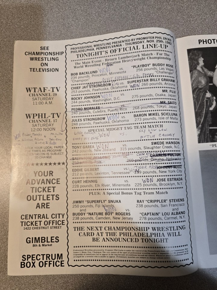 WWF Program Philadelphia Spectrum Thanksgiving Nov 25 1982 Superfly ...